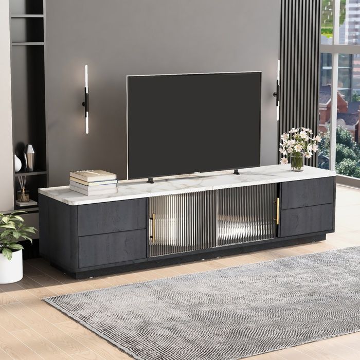 Meuble TV 4 Tiroirs 2 Portes,Placage Marbre,Meubles de salon,Style Luxe ...