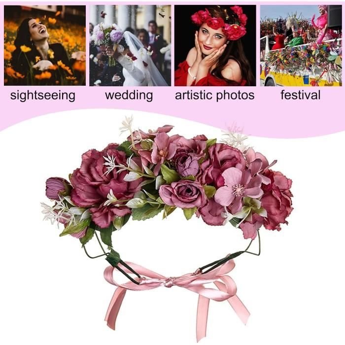 Couronne De Fleurs Mariage, Floral Guirlande Bandeau Bohême Réglable ...