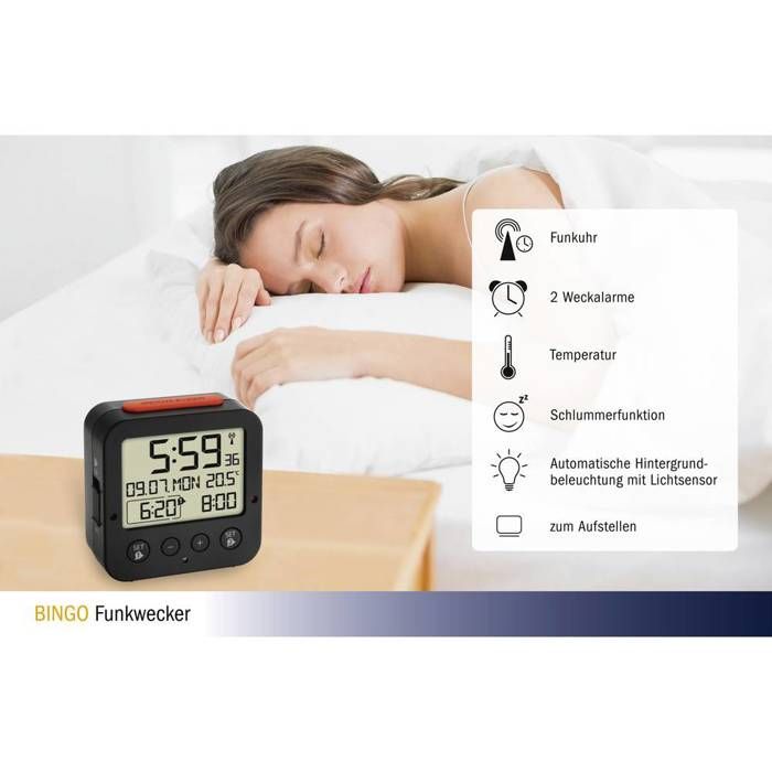 Radio-réveil - TFA - Bingo - Noir - 81 mm x 81 mm - Alarme progressive ...