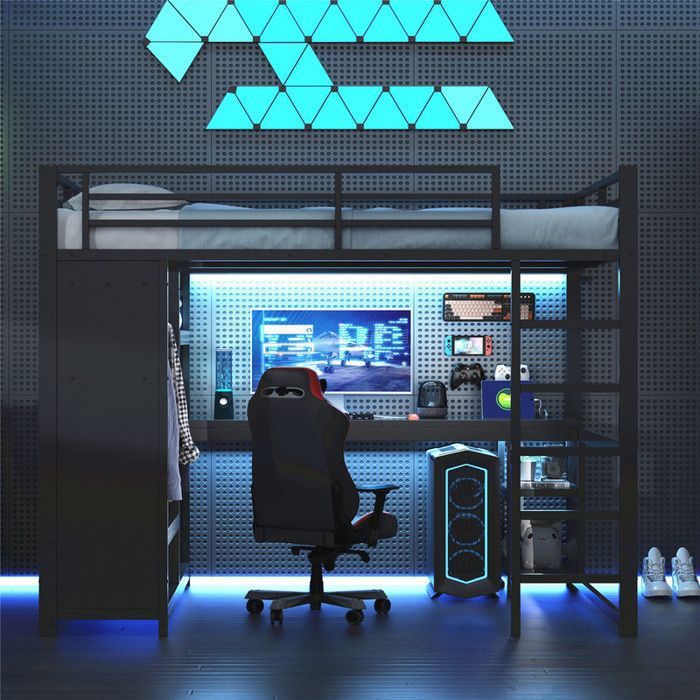 Lit Mezzanine 140x200 avec Bureau, LED, USB et Prise, Lit Gaming 2 ...