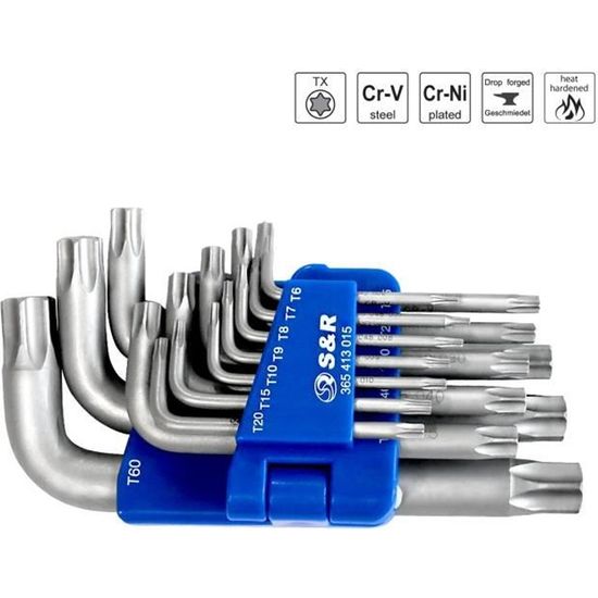 Jeu de 15 Clés Torx S&R professionnelles TX6 - TX60 en acier chrome ...