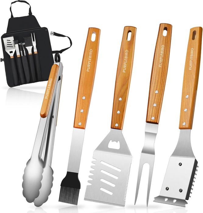 Couverts de Barbecue 5 pcs en Acier Inoxydable et Manche en Bois ...