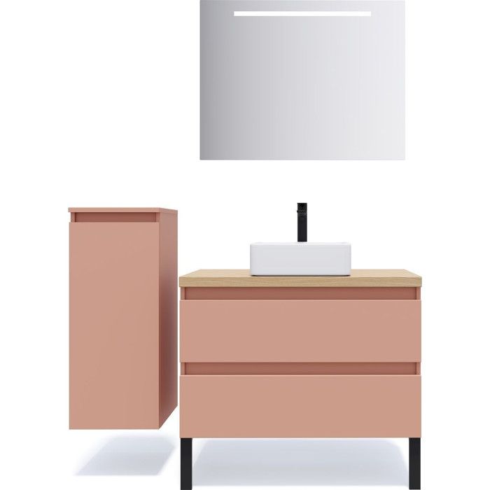 Ensemble salle de bain vasque posée 90cm 2 tiroirs Abricot + miroir ...