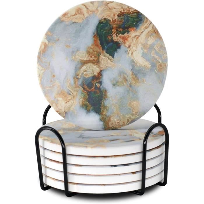 Lot De 6 Dessous De Verre En Céramique Marbre Blanc Avec Support ...