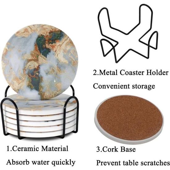 Lot De 6 Dessous De Verre En Céramique Marbre Blanc Avec Support ...