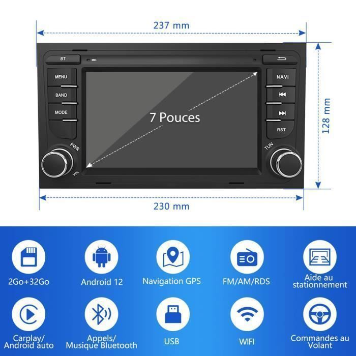 AWESAFE Autoradio Android 13 2Go+32Go pour Audi A4 B6 B7/S4/RS4 (2000-2012) avec 7'' Écran ...