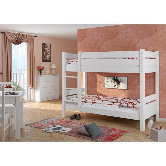 Lit superposé extra stable pin massif blanc 80x200 séparable, pour ...