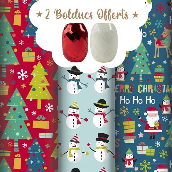 Lot de 3 rouleaux papier cadeau 2m Noël enfant + 2 bolducs blanc/rouge ...