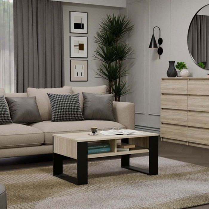 Table basse MODI II Chêne Sonoma / Noir avec étagère - Table moderne ...