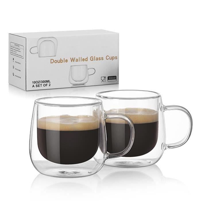 Tasse Double Paroi Verre, Mug Verre Café Borosilicate avec Poignée pour thé, Cappuccino, Lait ...