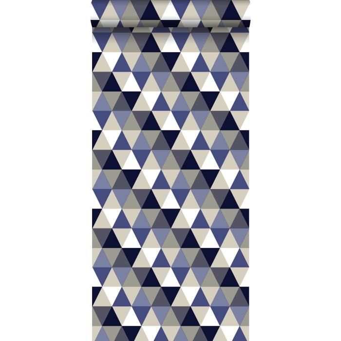 ESTAhome papier peint triangles bleu foncé, gris et beige - 53 cm x 10 ...