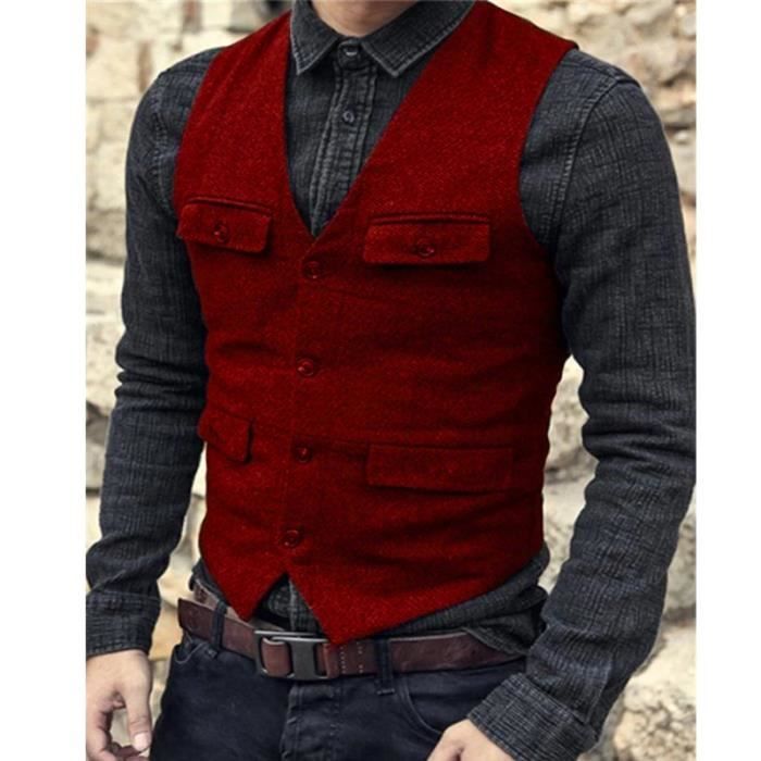 Rouge - Gilet De Costume En Laine À Chevrons Pour Homme, Gilet Vintage ...