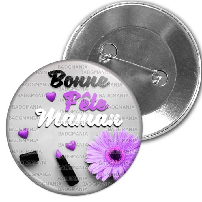 Badge 5.9cm Epinglette Bonne Fête Maman - Cœur Fleur Violet Rouge Levres sur Gris - Célébration ...