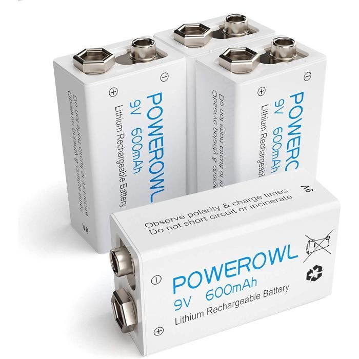Pile 9v Rechargeable POWEROWL Haute Performance 600mAh Li-ION Piles ...