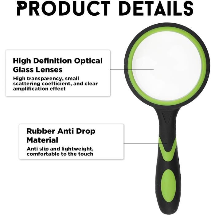 Loupe 10X, 50Mm Vert Portable Antidérapante Loupe Grossissante Avec Poignée, Loupe De Lecture ...