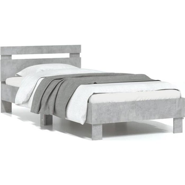 CHIC Lit Single 1 Place Cadre de lit tête de lit gris béton 90x190 cm ...
