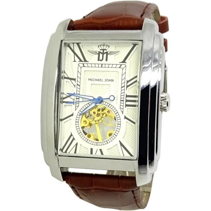 Montre Homme Squelette Luxe Cuir Marron Automatique Mécanique Argent ...
