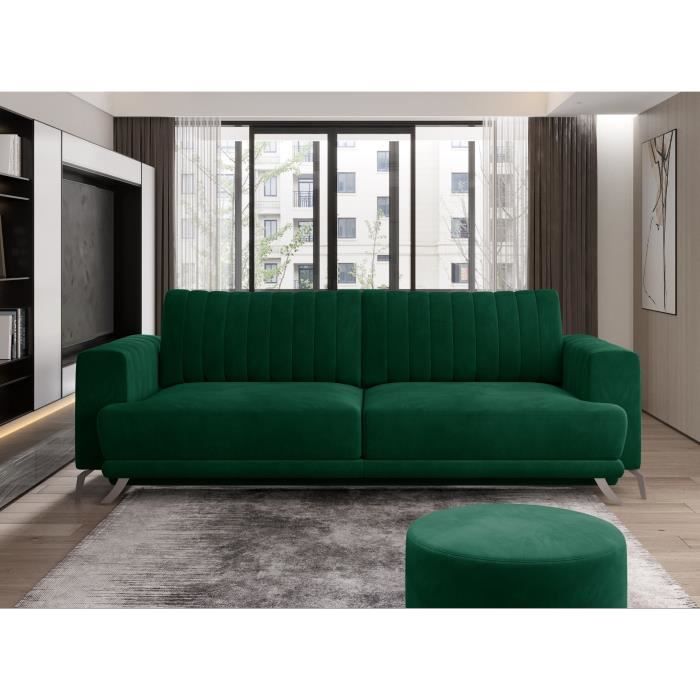 Canapé convertible design 3/4 places tissu vert et pieds acier chromé ...