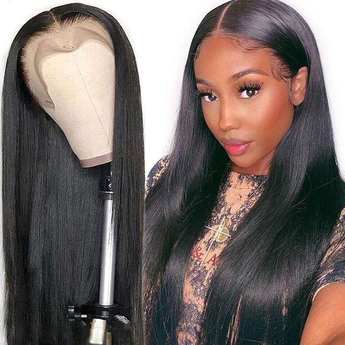 Perruque Lace wig synthétique sans colle noire naturelle cheveux de ...