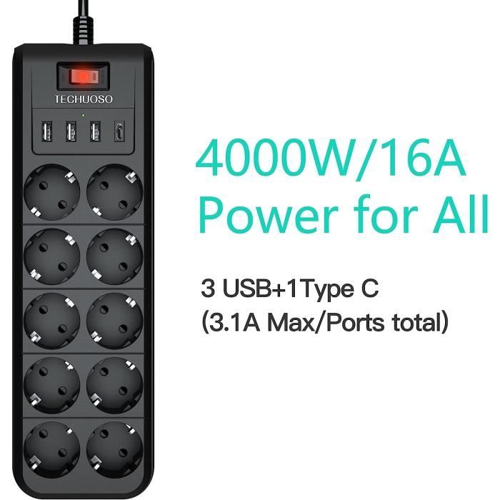 Multiprise Electrique (16A-4000W) Multiprise 10 Prises Avec 3Usb+1 Type ...