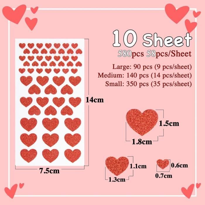 580Pcs Autocollants Coeur Rouge Etiquette Pailleté Merci Stickers ...
