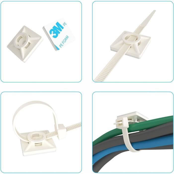100 Pièces Embases Adhesive pour Attache de Cable, 19mm x 19 mm, Blanc ...