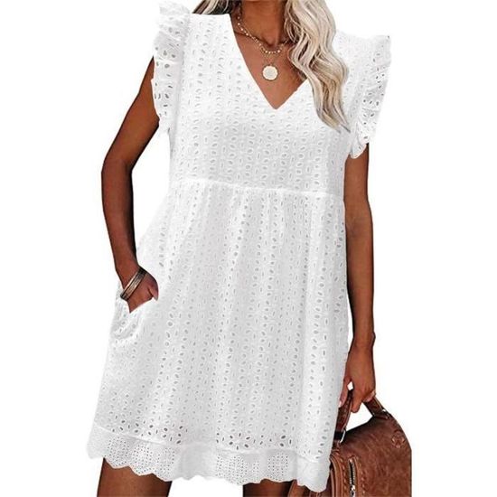 ROBE Robe Femme Ete Courte avec Poches et intégré Boheme Elegant Robe de Plage Col V Robe Robes ...