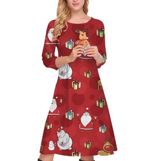 Femmes Noël Père Noël Imprimer Robe Dames Noël Trois Quarts Robes De ...