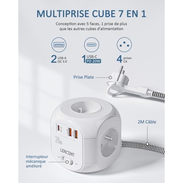 Cube Rallonge Multiprise Fiche Plate Amélioré Pd 20W 2M Avec 4 Prises ...