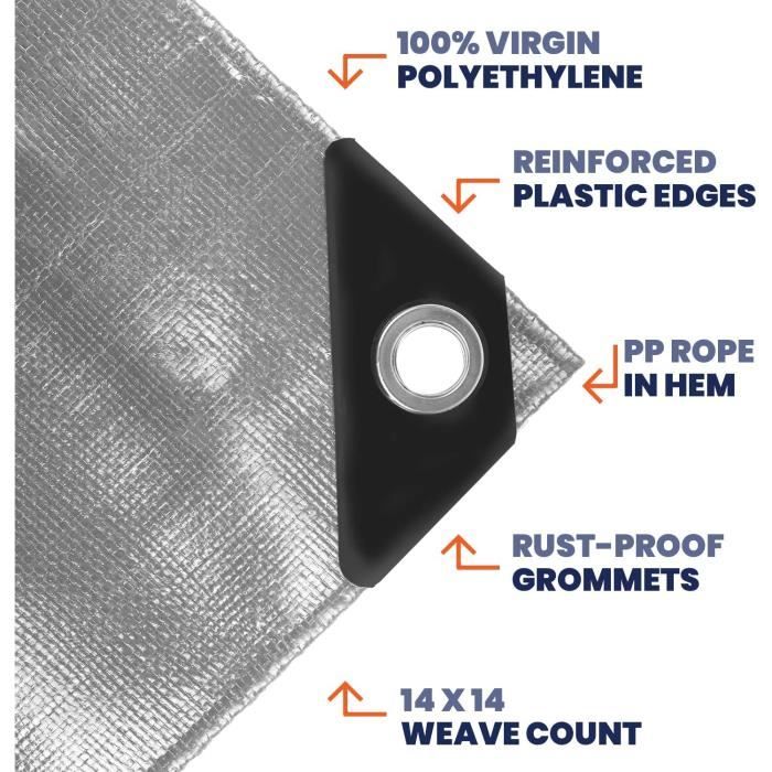 Bache de Protection Exterieur(190g-m²|10′ X 12′ | 3m X 3.65m | argenté-Noir) 10 Mil Haute ...