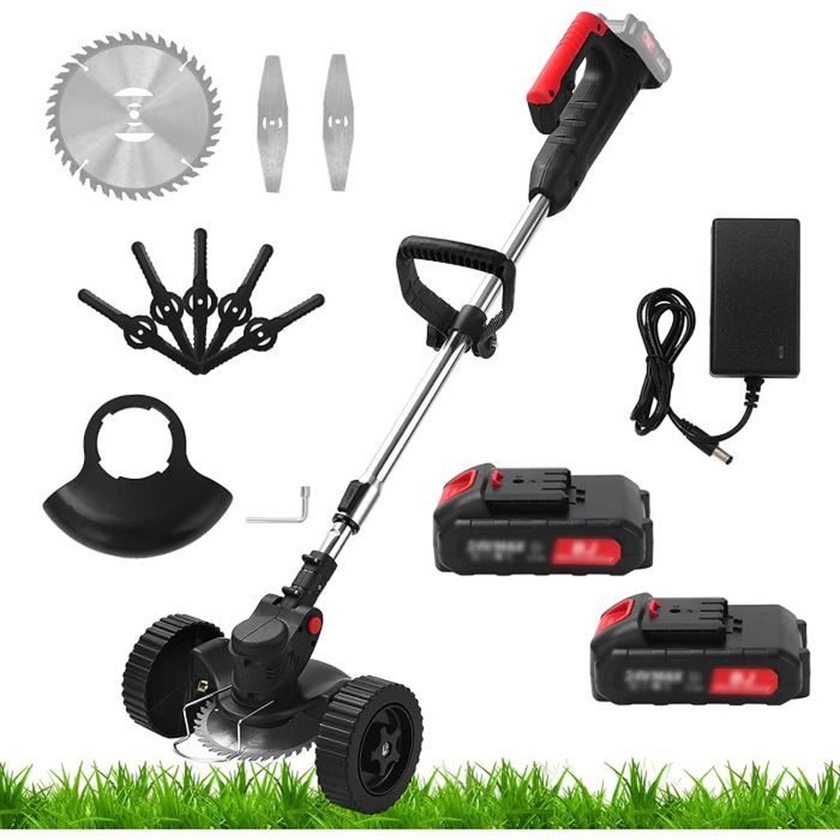 Coupe Bordure sans Fil avec 2 Batteries, Lame, Roues, Débroussailleuse Electrique pour Jardin ...