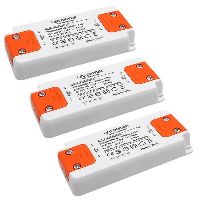 3 x Transformateur LED, LED Driver, DC 12V 1.25A 15W ampoule LED driver ...