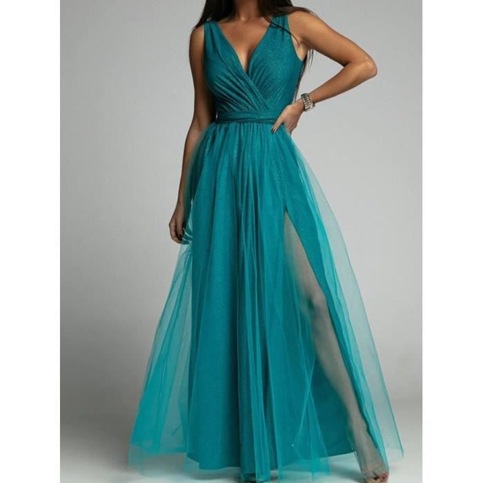 Robe femme sexy col en V taille fine fente robe trapèze - Vert KJEHOME ...
