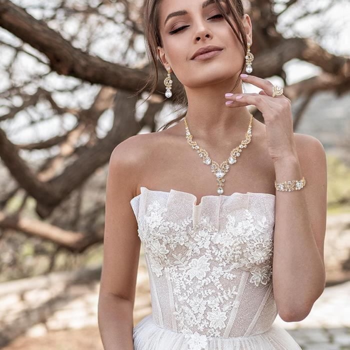 Parure Femme Mariage Forme C Bijou Cristal Rond Et Goutte D'Eau Strass ...