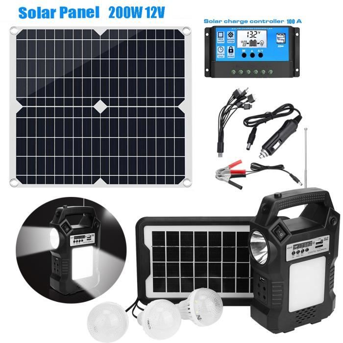 Kit de panneau solaire 200W Générateur d'énergie solaire Contrôleur de chargeur de batterie 100A ...