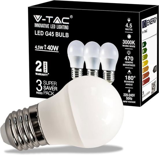 Ampoules LED E27 45W quivalent 40W - G45-470 Lumen - Lot de 3 - Ouverture du Faisceau Lumineux ...