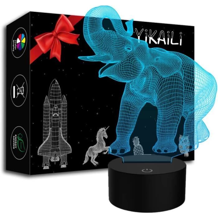 Lampe À Illusion 3D Éléphant Led Veilleuse Alimenté Par Usb 7 Couleurs ...