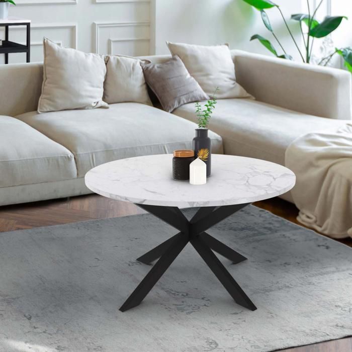 IDMARKET Table basse ronde ALASKA 70 cm plateau effet marbre blanc et ...