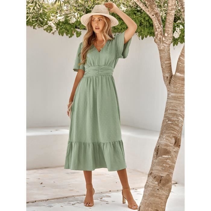 ROBE 2023 Casual femmes vêtements d'été nouveau V - neck volants manches couleur unie robe ...