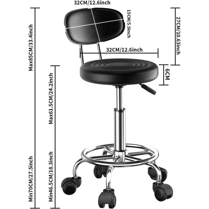 Lot de 2 tabourets à roulettes réglables en hauteur 70-85 cm Dossier ...