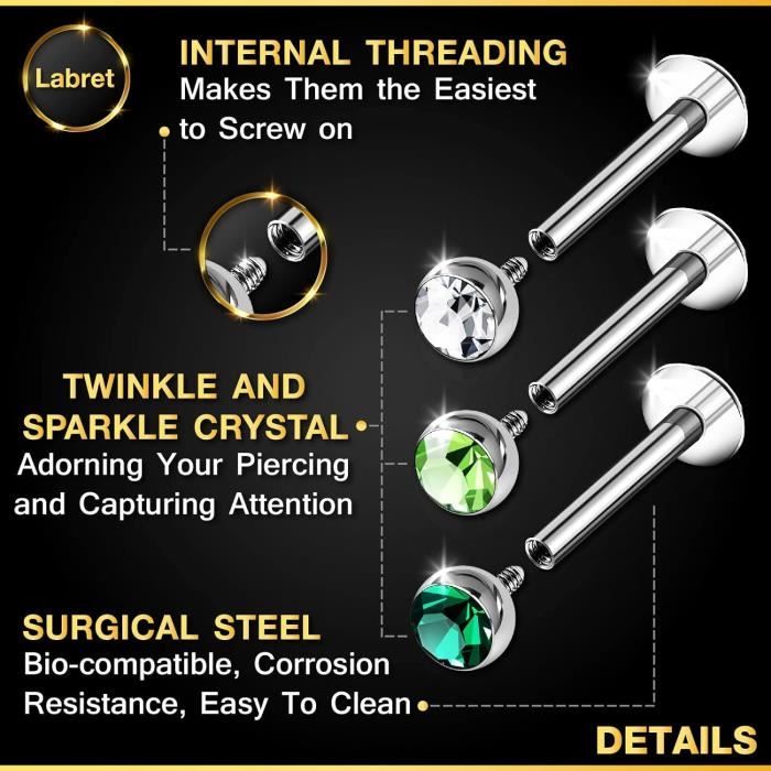 Lot De 3 Piercings Labret En Acier Chirurgical À Filetage Interne ...