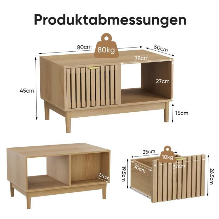 Table basse 80x50 cm style mid-century moderne avec tiroir, niches ...