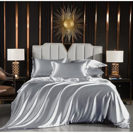 Parure De Lit 220X240 Gris Argenté Clair Adulte 2 Personnes Satin Sets De Housse De Couette Unie ...