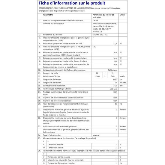 DYON - Smart 24 XT - Téléviseur 60 cm - HD Triple Tuner - Prime Video ...