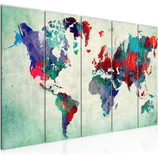 Tableau Mural Xxl Carte Du Monde 200 X 80 Cm Coloré Vert 5 Parties ...