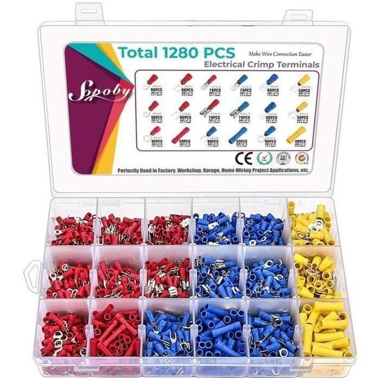 1280 PCS Assortiment Bornes Isolées à Sertir Connecteur à Sertir Électrique Set Cosse Isolée ...