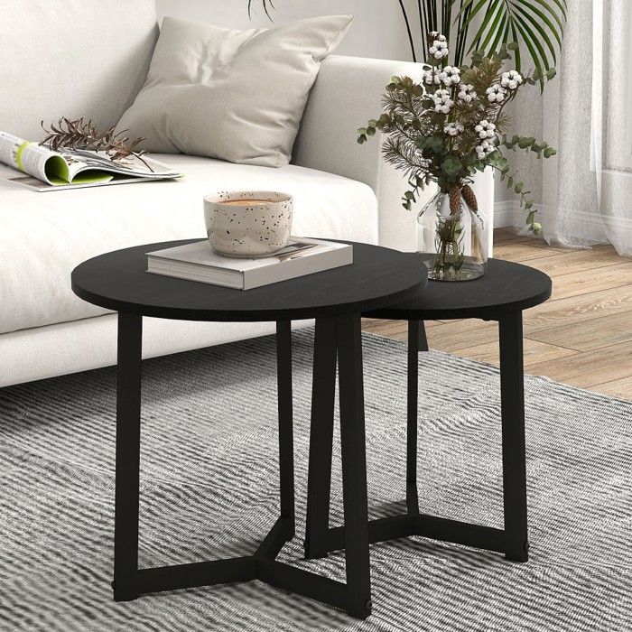Table Basse Ronde Design Moderne en Acier Noir pour Salon - Lot de 2 ...