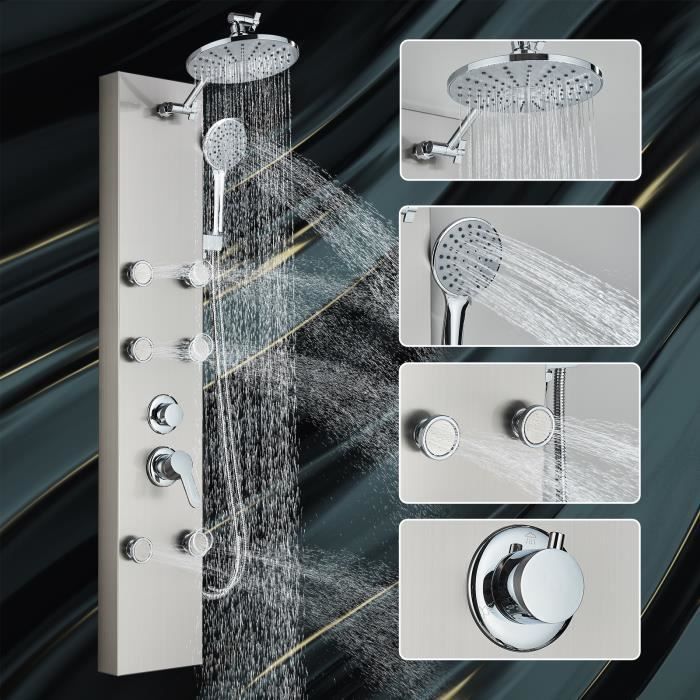 Colonne de douche hydromassante, douchette de tête 8" + 2 jets de ...
