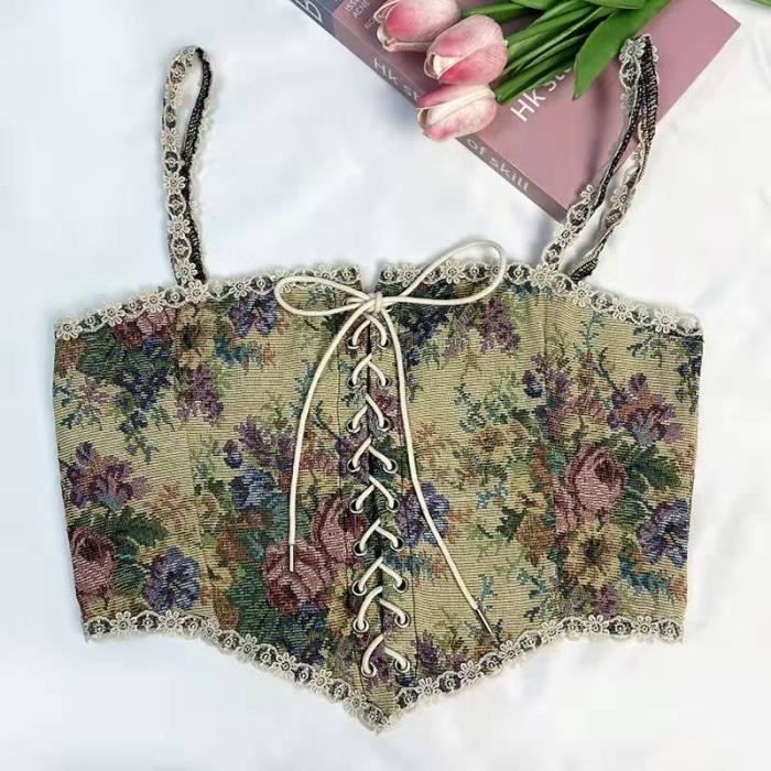 Corset Vintage En Dentelle Rétro Pour Femme Imprimé Français Col Licou