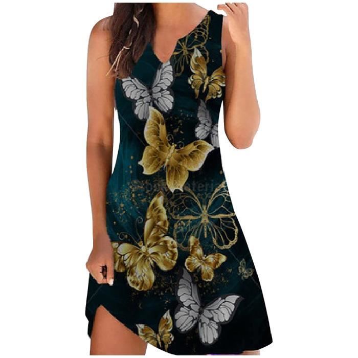 Robe Mini-Robe Mince Imprimée Sans Manches Pour Femmes À La Mode Café ...